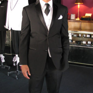 2 Button Black Notch Lapel with White Vest and Narrow Black Satin Dress ...