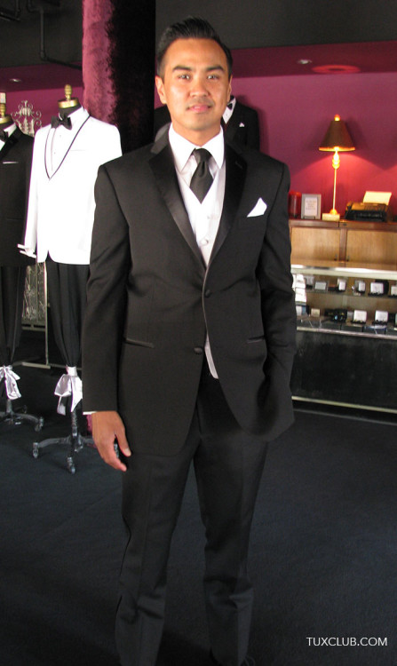 2 Button Black Notch Lapel with White Vest and Narrow Black Satin Dress ...